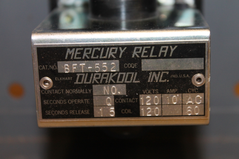 Mercury relay, 120V, 10A, NO, W/enclosure, BFT-552, Durakool, Unused