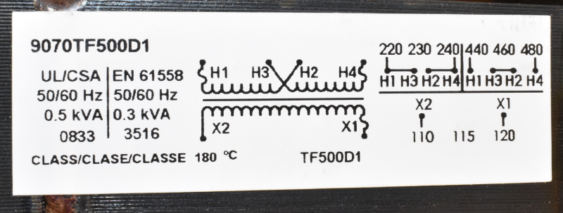 Square D 9070TF500D1 Control Transformer, 500VA, 240/480V-120V,