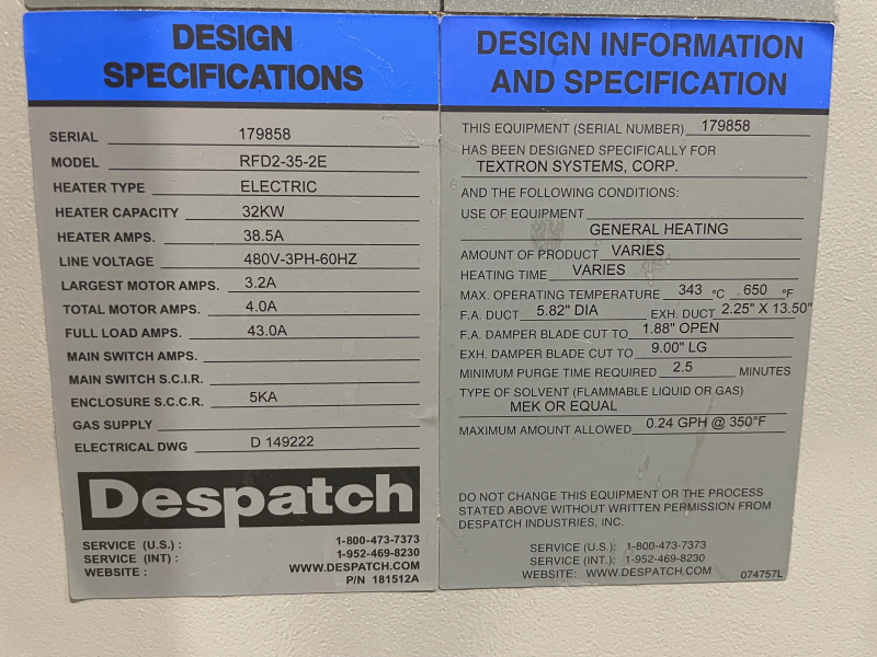 Despatch RFD2-35-2E, class A oven, 650°F, 480V, 3PH 32KW TESTED