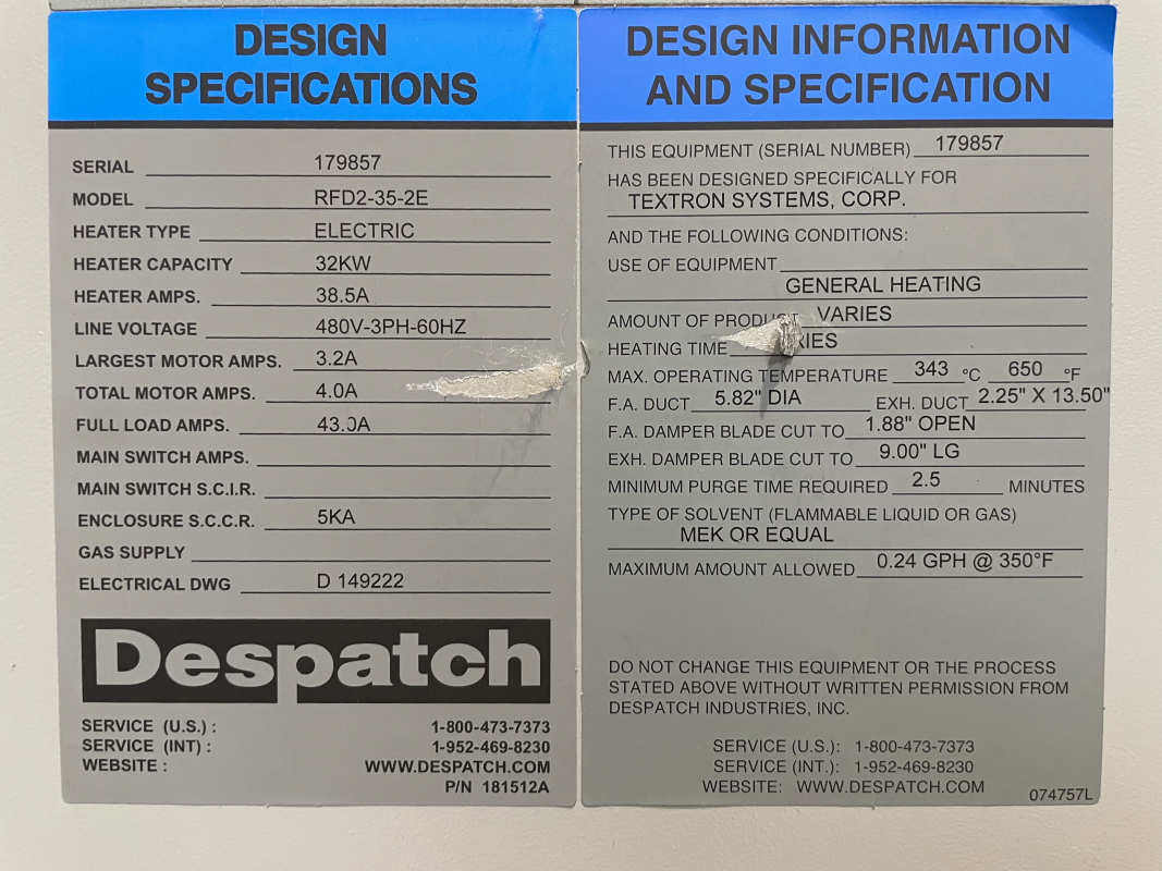Despatch RFD2-35-2E, class A oven, 650°F, 480V 32KW FULLY TESTED
